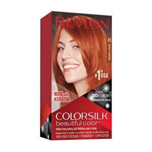 revlon colorsilk beautiful color permanent hair color with 3d gel technology keratin 100 gray coverage hair dye, 45 bright auburn, 6 ounce