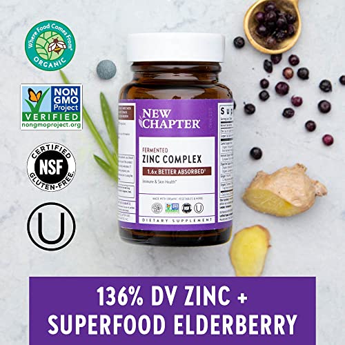 New Chapter Zinc Supplement, Fermented Zinc Complex, ONE Daily for Immune Support + Skin Health + Non-GMO Ingredients, Easy to Swallow & Digest, 60 Count (2 Month Supply)