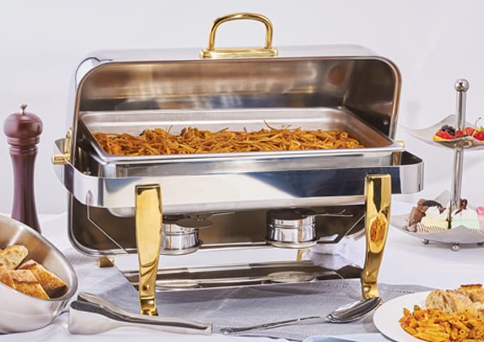 Winco 108A Heavy-Duty Stainless Steel Chafer with Gold Accents, 8 Quart (Full Size), Silver