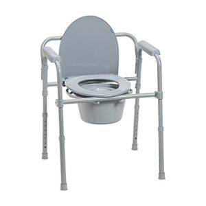 drive medical 11148-1 folding steel bedside commode chair, portable toilet, supports bariatric individuals weighing up to 350 lbs, with 7.5 qt. bucket and 13.5 inch seat, grey