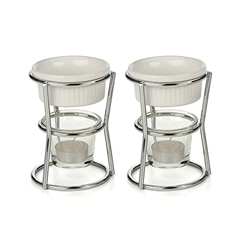 RSVP International Kitchen Collection Butter Warmer Set, Includes Stoneware Cups, Glass Tealight Holder, Candles and 5-Inch Tall Chrome Wire Frames, 1/3-Cup Capacity, White