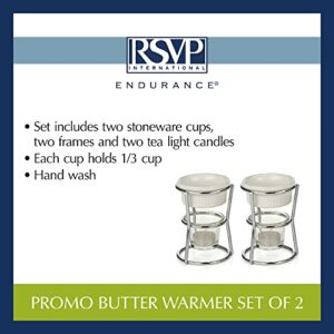 RSVP International Kitchen Collection Butter Warmer Set, Includes Stoneware Cups, Glass Tealight Holder, Candles and 5-Inch Tall Chrome Wire Frames, 1/3-Cup Capacity, White