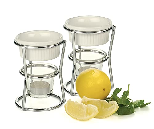 RSVP International Kitchen Collection Butter Warmer Set, Includes Stoneware Cups, Glass Tealight Holder, Candles and 5-Inch Tall Chrome Wire Frames, 1/3-Cup Capacity, White