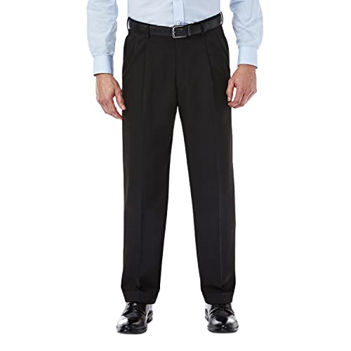 Haggar mens Mynx Gabardine Hidden Expandable Waistband Classic Fit Front Pleated dress pants, Black, 38W x 30L US