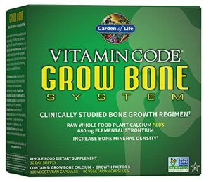 garden of life calcium supplement - vitamin code grow bone made with whole foods, strontium, magnesium, k2 mk7, vitamin d3 & c plus probiotics for gut health, 30 day supply