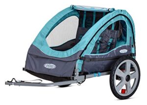 instep sync kids bike trailer, tow behind child carrier, foldable and compact, easy storage, bug screen and weather shield canopy, safety flag, 16-inch wheels, double seat, light blue