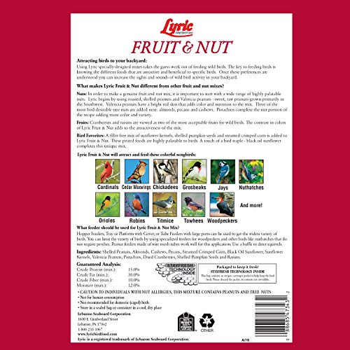 Lyric Fruit and Nut Wild Bird Seed - High Energy Wild Bird Food Mix - Attracts Woodpeckers, Chickadees & Other Songbirds - 20 lb bag