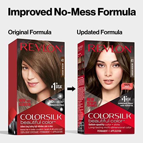 Revlon Colorsilk Beautiful Color, Permanent Hair Dye with Keratin, 100% Gray Coverage, Ammonia Free, 43 Medium Golden Brown