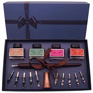 satin calligraphy pen set – includes wooden dip pen, antique brass holder, 11 nibs, 4 ink bottles