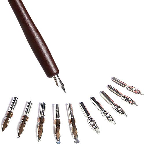 Satin Calligraphy Pen Set – Includes Wooden Dip Pen, Antique Brass Holder, 11 Nibs, 4 Ink Bottles