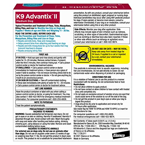 K9 Advantix II Medium Dog Vet-Recommended Flea, Tick & Mosquito Treatment & Prevention | Dogs 11-20 lbs. | 4-Mo Supply