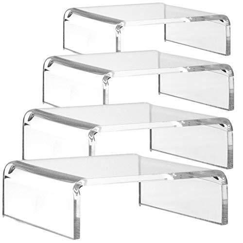 BANBERRY DESIGNS Clear Acrylic Display Stands - Set of 4 Small Risers - 2 Inch Tall 4 Inch Wide - Thick Plexiglas Riser Candy Buffet Jewelry Makeup Vanity Organization