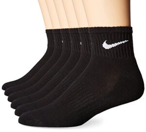 nike unisex performance cushion quarter socks with bag (6 pairs), black/white, large