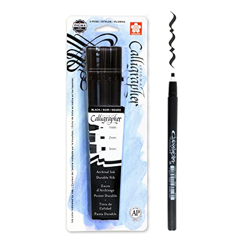 SAKURA Pigma Calligrapher Brush Pens - Archival Black Ink Pens - Pens for Lettering and Modern Calligraphy - Black Ink - 1 mm, 2 mm, & 3 mm Nibs - 3 Pack