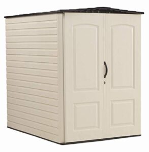 rubbermaid large plastic vertical resin weather resistant storage shed, 5 x 6 ft., sandstone, for garden/backyard/home/pool/bikes/lawn mowers