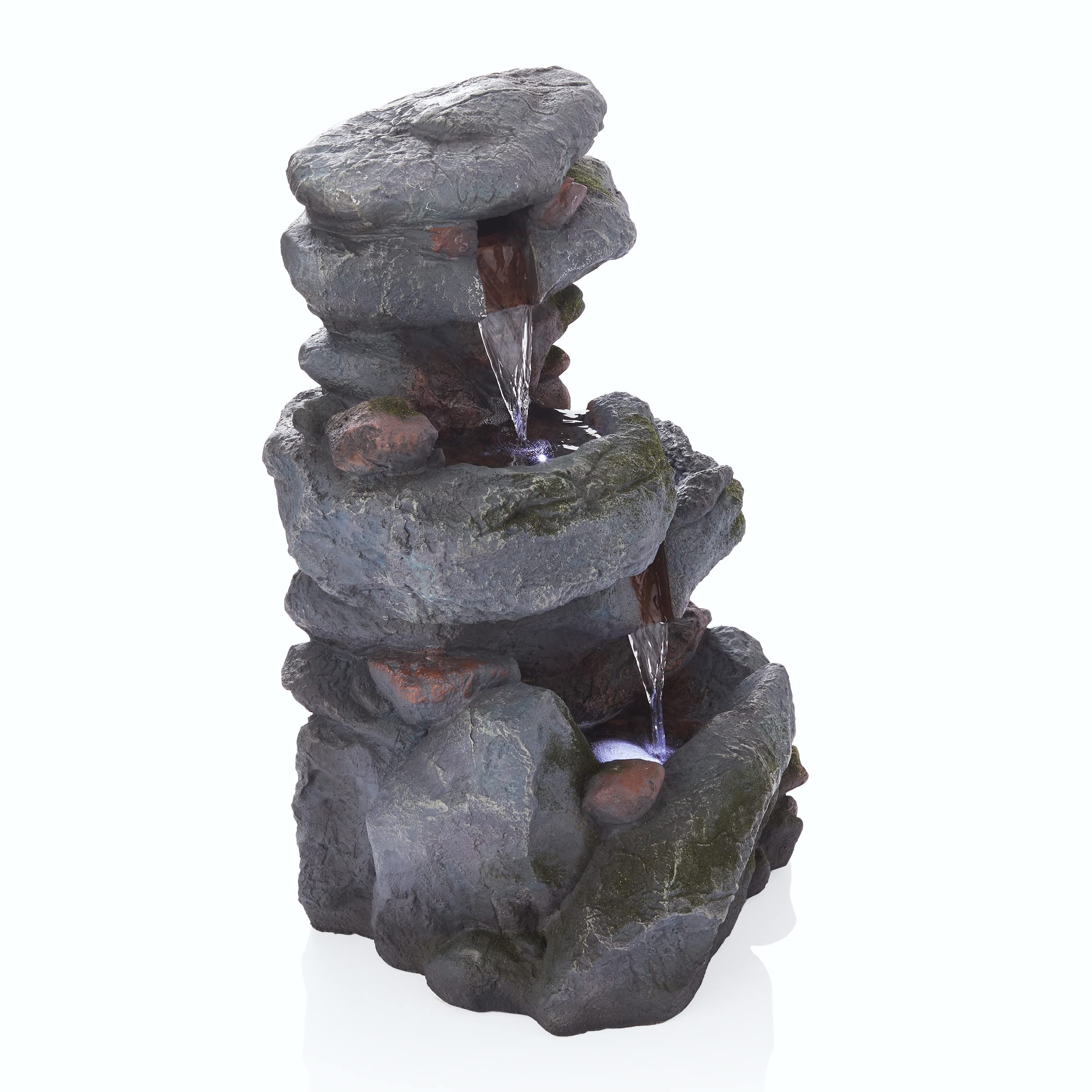 Alpine Corporation WIN582 Tall Outdoor 3-Tier Rock Waterfall Fountain with LED Lights, 15"L x 13"W x 22"H, Gray/Beige