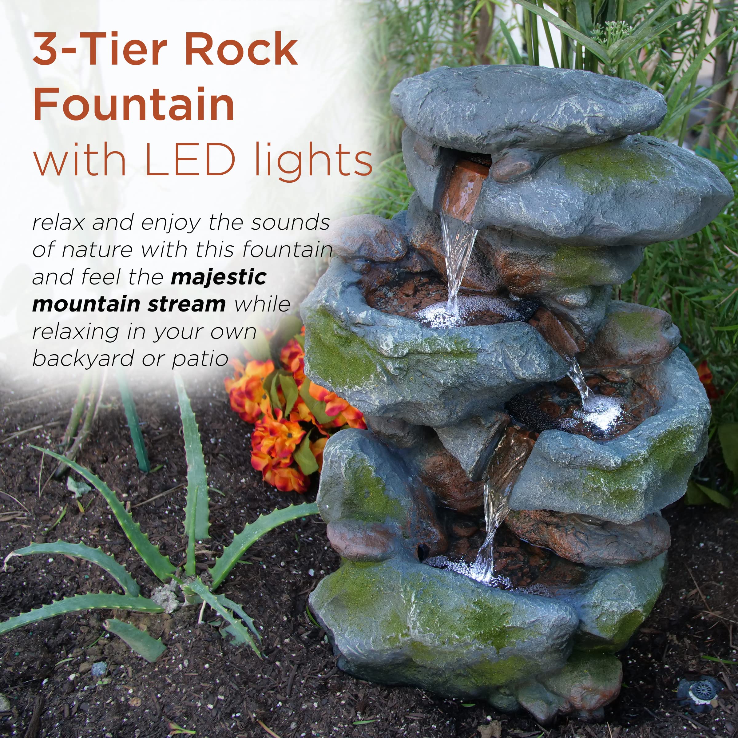 Alpine Corporation WIN582 Tall Outdoor 3-Tier Rock Waterfall Fountain with LED Lights, 15"L x 13"W x 22"H, Gray/Beige