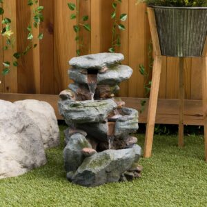 Alpine Corporation WIN582 Tall Outdoor 3-Tier Rock Waterfall Fountain with LED Lights, 15"L x 13"W x 22"H, Gray/Beige