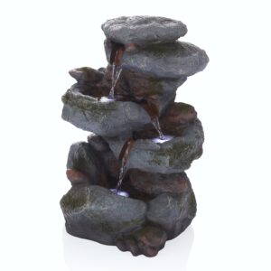 Alpine Corporation WIN582 Tall Outdoor 3-Tier Rock Waterfall Fountain with LED Lights, 15"L x 13"W x 22"H, Gray/Beige