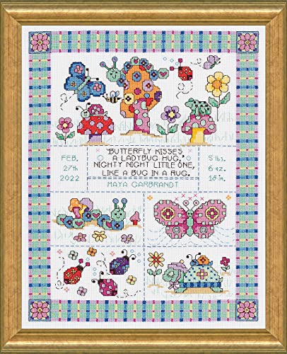 Janlynn 14 Count Bug in a Rug Birth Record Counted Cross Stitch Kit, 9-3/4-Inch by 12-3/4-Inch White