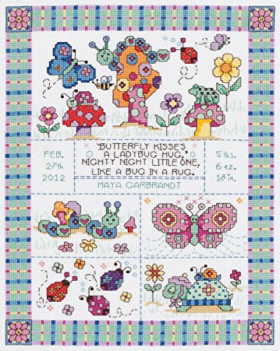 Janlynn 14 Count Bug in a Rug Birth Record Counted Cross Stitch Kit, 9-3/4-Inch by 12-3/4-Inch White