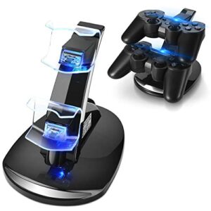 tnp ps3 controller charger stand for sony playstation 3 controller dualshock 3 charging, 2 tier docking station stand and 2 usb ps3 cable compatible ports with led indicators, slim black