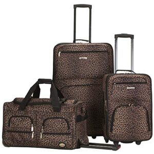 rockland vara softside 3-piece upright luggage set, expandable,lightweight,telescopic handle,wheel, leopard, (20/22/28)