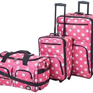 Rockland Vara Softside 3-Piece Upright Luggage Set, Expandable,Lightweight,Telescopic Handle,Wheel, Pink Dots, 20 inches,22 inches,28 inches