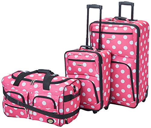 Rockland Vara Softside 3-Piece Upright Luggage Set, Expandable,Lightweight,Telescopic Handle,Wheel, Pink Dots, 20 inches,22 inches,28 inches