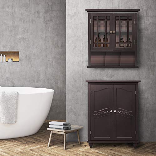 Teamson Home Neal Wooden Over The Toilet Bathroom Removable Wall Medicine Cabinet with 1 Fixed and 1 Adjustable Shelf 3 Storage Spaces 2 Glass Mosaic Doors and Crystal-Cut Acrylic Knobs, Espresso