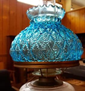 B&P Lamp Light Blue Glass Lamp Shade with Diamond Quilted Pattern Student Glass Shade with Crimped Top, 7 Inch Fitter, for Vintage and Antique Style Lamps