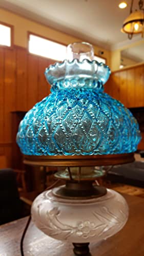 B&P Lamp Light Blue Glass Lamp Shade with Diamond Quilted Pattern Student Glass Shade with Crimped Top, 7 Inch Fitter, for Vintage and Antique Style Lamps