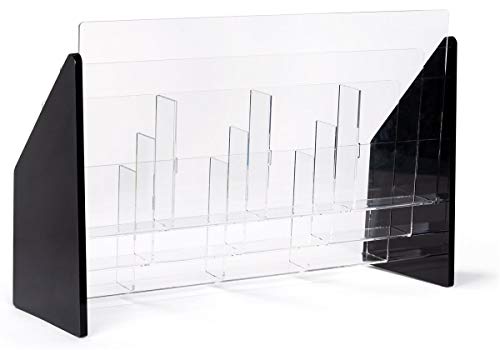 Tiered Leaflet Holder with 12 Pockets for 4x9 Brochures, Clear Plexiglas Brochure Rack for Tabletop Use with Black Acrylic Sides