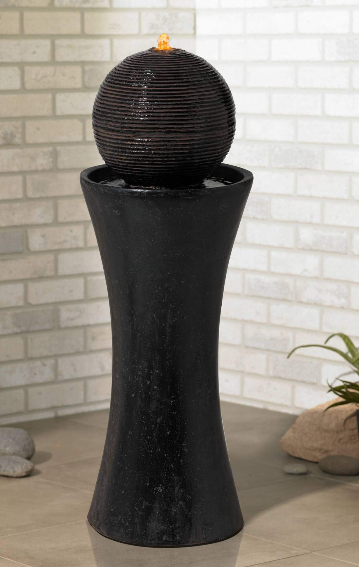 Dark Sphere Modern Zen Outdoor Floor Water Fountain 30" High with LED Light Bubbler Pillar for Garden Patio Backyard Deck Home Lawn Porch House Relaxation Exterior Balcony - John Timberland