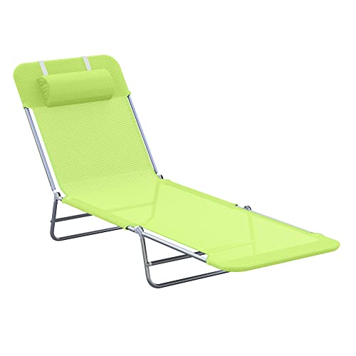 Outsunny Folding Chaise Lounge Pool Chairs, Outdoor Sun Tanning Chairs with Pillow, Reclining Back, Steel Frame & Breathable Mesh for Beach, Yard, Patio, Green