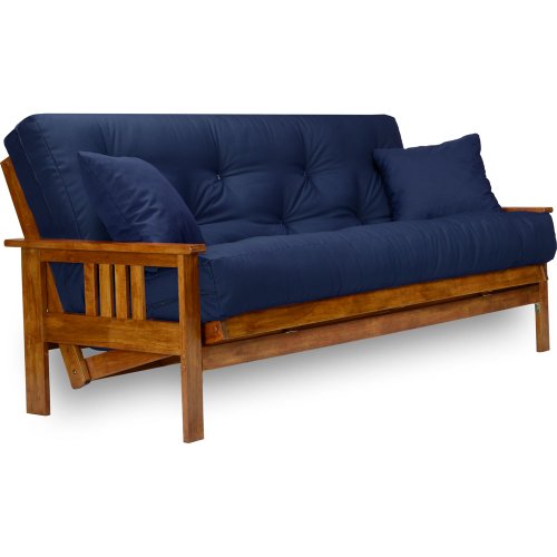 Nirvana Futons Stanford Futon Set - Queen Size, Frame, 8" Mattress, Twill Navy Blue Cover