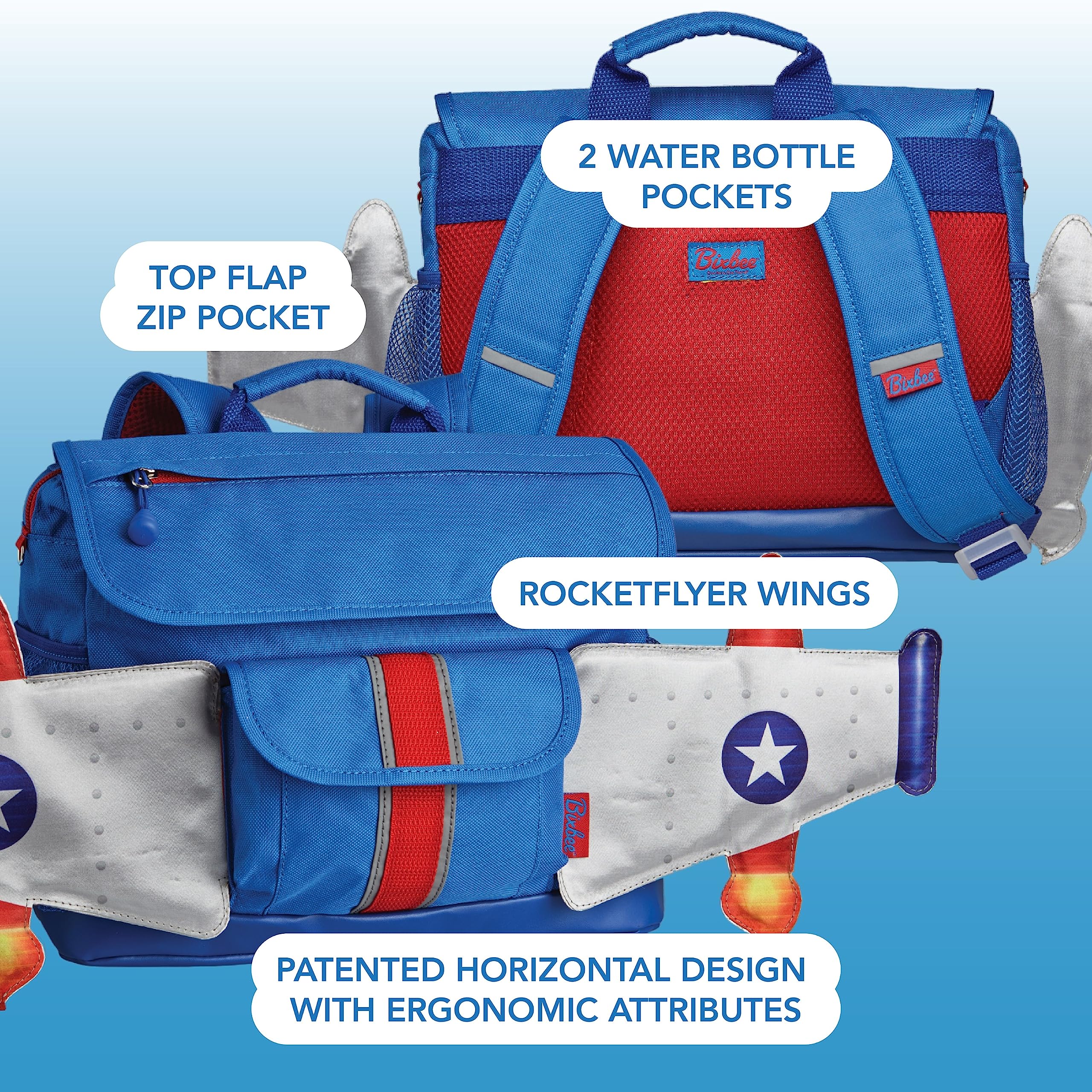 Bixbee Little Boy's Rocketflyer Backpack, Blue Rocket Bookbag with Wings