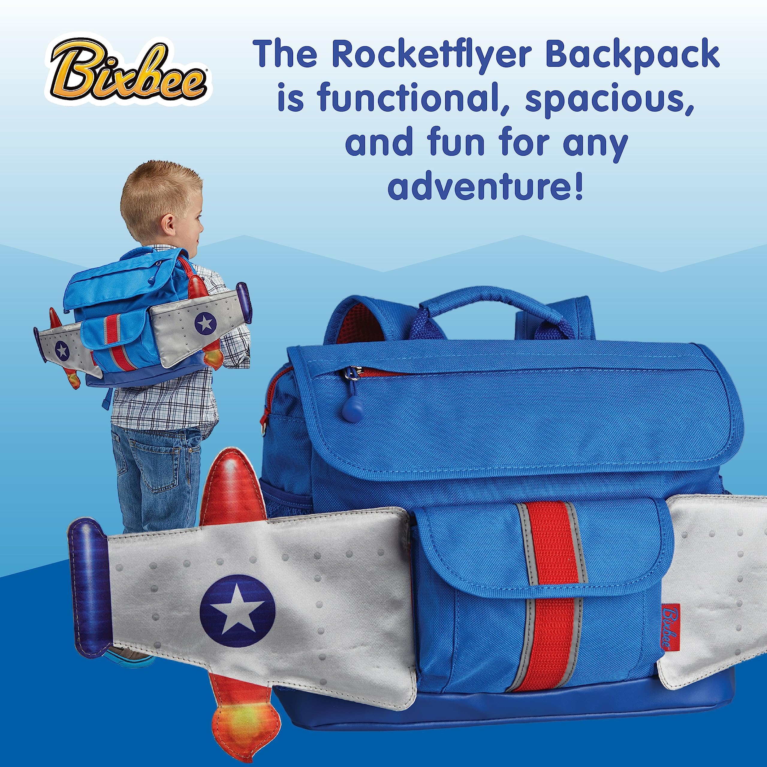 Bixbee Little Boy's Rocketflyer Backpack, Blue Rocket Bookbag with Wings