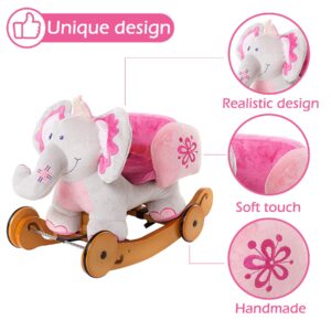 labebe - Plush Rocking Horse, Pink Ride Elephant, Stuffed Rocker Toy for Child 1-3 Year Old, Kid Ride On Toy Wooden, 2 In 1 Rocking Animal with Wheel for Infant/Toddler(Girl&Boy),Nursery Birthday Gift