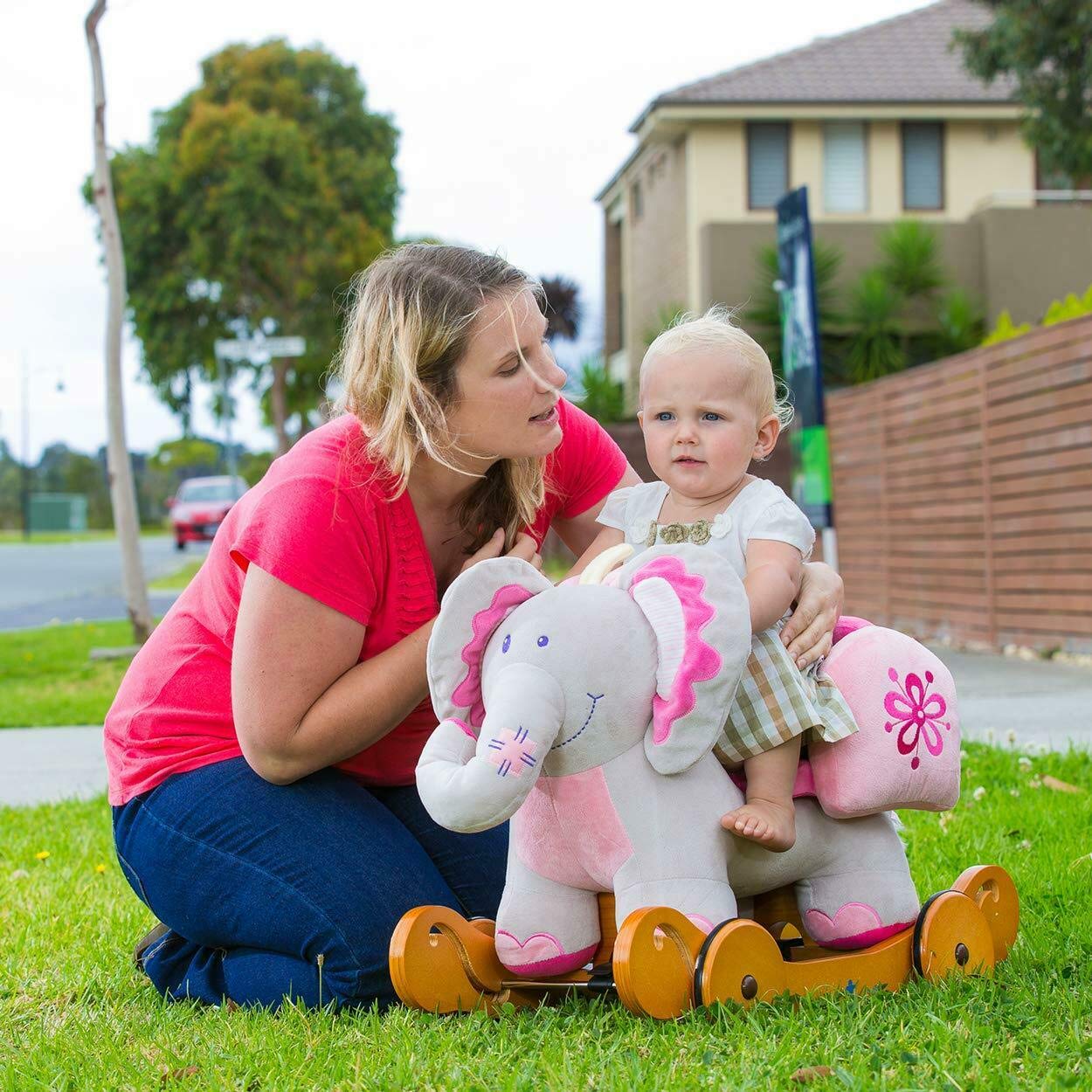 labebe - Plush Rocking Horse, Pink Ride Elephant, Stuffed Rocker Toy for Child 1-3 Year Old, Kid Ride On Toy Wooden, 2 In 1 Rocking Animal with Wheel for Infant/Toddler(Girl&Boy),Nursery Birthday Gift