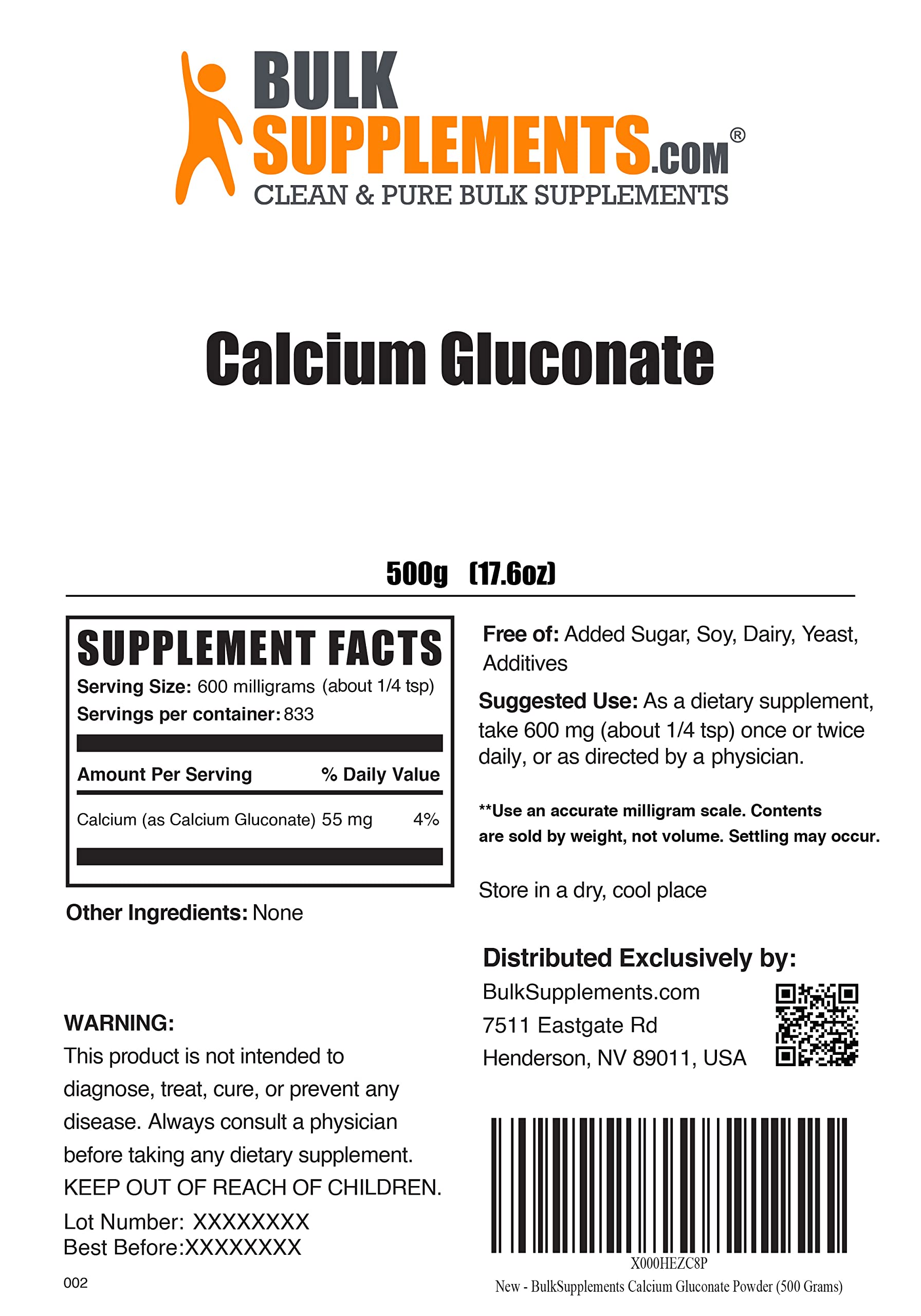 BulkSupplements.com Calcium Gluconate Powder - Calcium Gluconate Supplement - Calcium Powder Supplement - Calcium Supplement - 600mg (55mg Calcium) per Serving (500 Grams - 1.1 lbs)