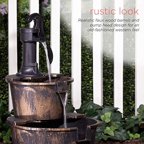 Alpine Corporation 27" Tall 2-Tier Barrel and Pump Waterfall Fountain, Bronze Finish