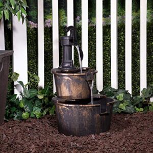 Alpine Corporation 27" Tall 2-Tier Barrel and Pump Waterfall Fountain, Bronze Finish