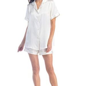 Fishers Finery Women's 100% Mulberry Silk Short Pajama Set; Button Down Short Sleeve Top with Shorts(White, L)