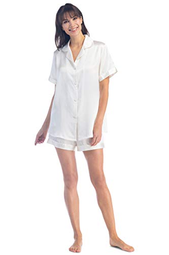 Fishers Finery Women's 100% Mulberry Silk Short Pajama Set; Button Down Short Sleeve Top with Shorts(White, L)