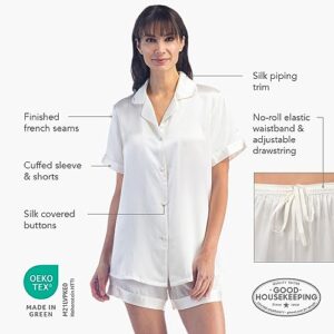 Fishers Finery Women's 100% Mulberry Silk Short Pajama Set; Button Down Short Sleeve Top with Shorts(White, L)