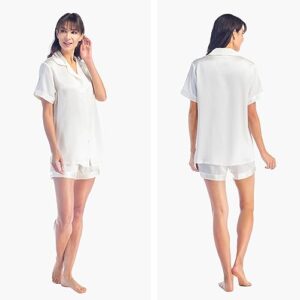 Fishers Finery Women's 100% Mulberry Silk Short Pajama Set; Button Down Short Sleeve Top with Shorts(White, L)