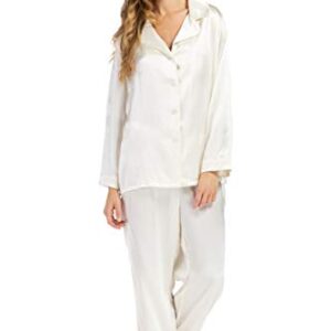 Fishers Finery Women's 100% Pure Mulberry Silk Long Pajama Set with Gift Box - Button Down Pj Top, Cool and Comfortable Loungewear (White, L)