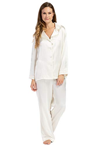 Fishers Finery Women's 100% Pure Mulberry Silk Long Pajama Set with Gift Box - Button Down Pj Top, Cool and Comfortable Loungewear (White, L)