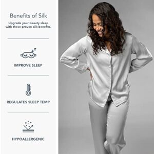 Fishers Finery Women's 100% Pure Mulberry Silk Long Pajama Set with Gift Box - Button Down Pj Top, Cool and Comfortable Loungewear (White, L)